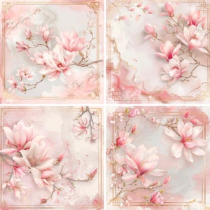 Watercolor Pink Flowers With Gold Borders Rococo Art Deco Boho Designs ...