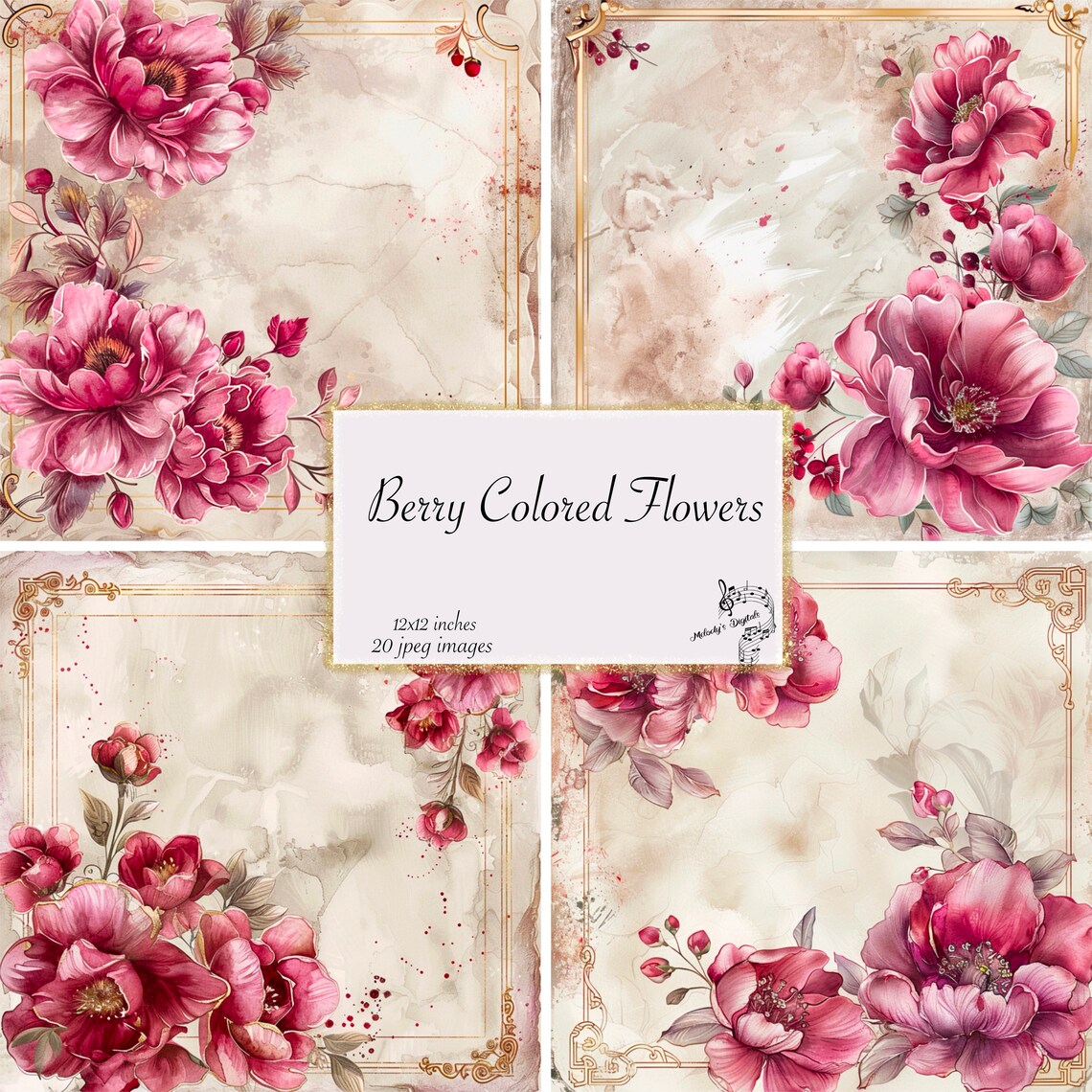 Berry Colored Flowers Watercolor Flowers Journal Paper Art Deco Spring ...