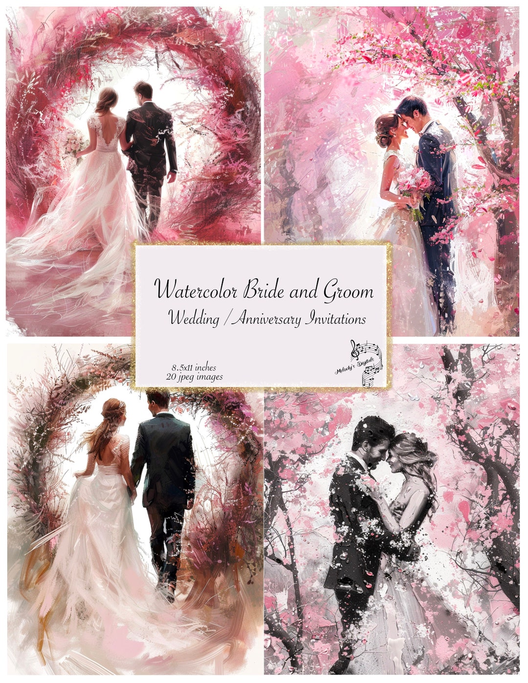 Watercolor Bride and Groom Paper, Wedding Anniversary Patterns (digital ...