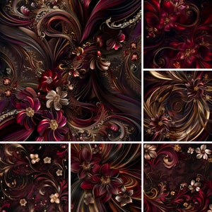 Burgundy and Gold Abstract Digital Paper, Rococo Digital Paper, Gold ...