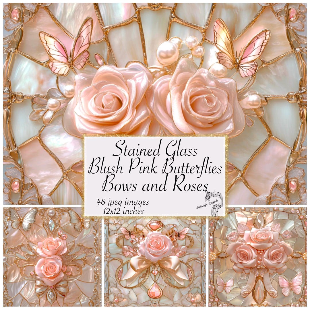 Stained Glass Junk Journal Kit, Pink Roses Butterflies (digital ...