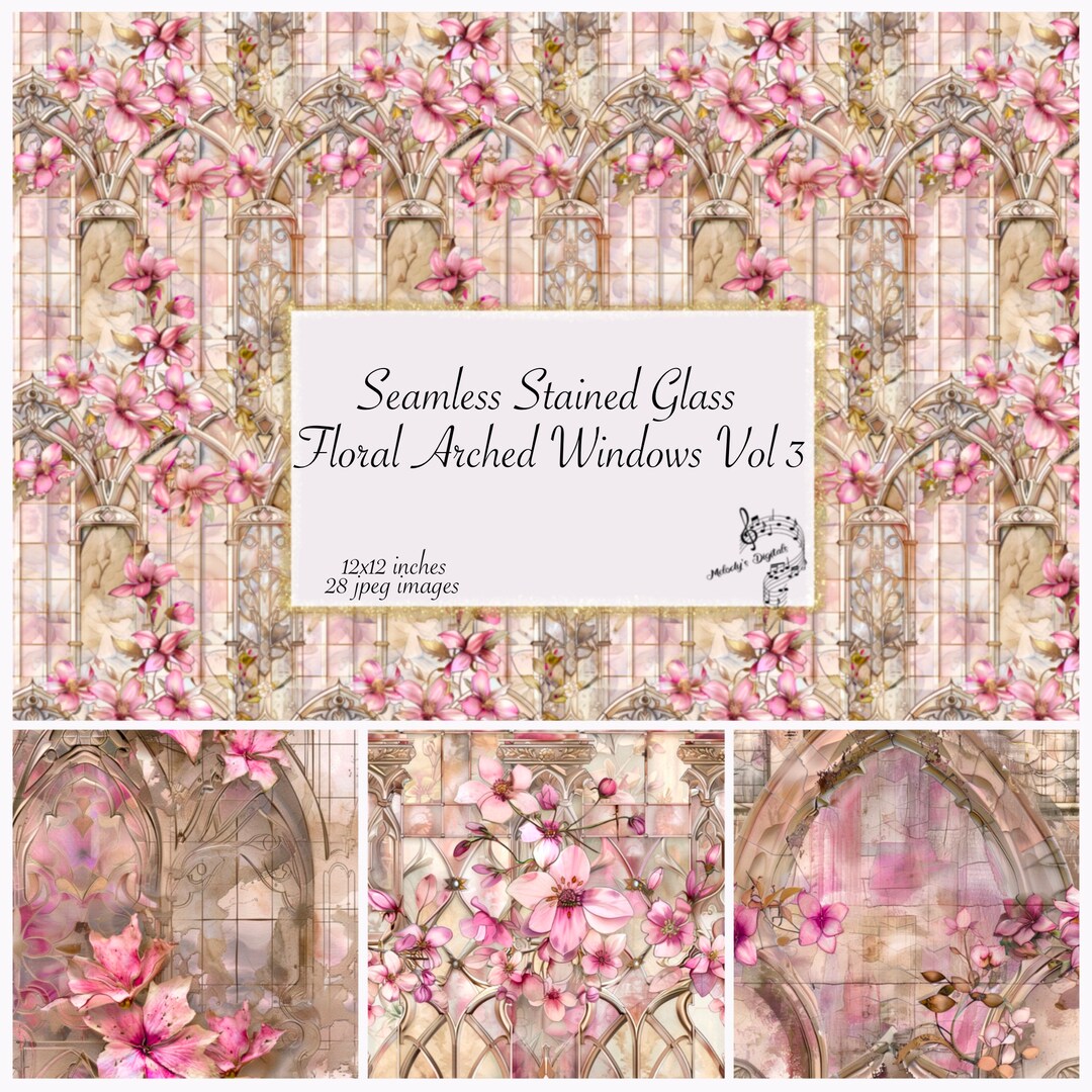 Floral Arched Windows Digital Paper, Cathedral Windows in Soft Pinks ...