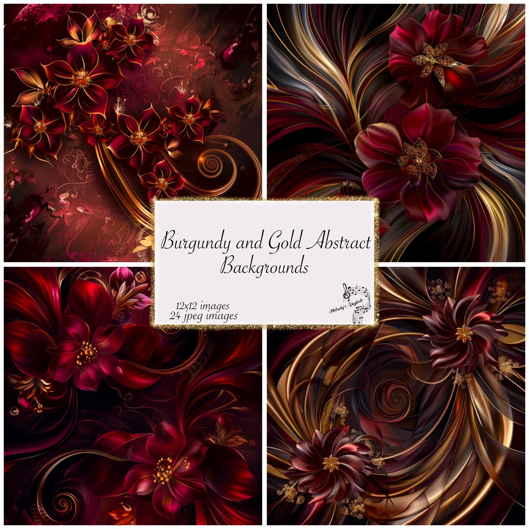 Burgundy and Gold Abstract Digital Paper, Rococo Digital Paper, Gold ...
