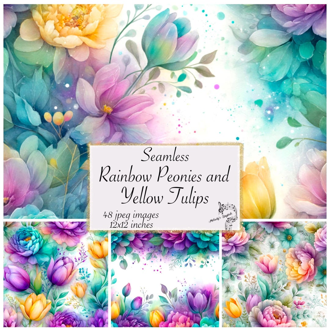 Seamless Rainbow Peonies and Yellow Tulips Digital Paper Romantic ...