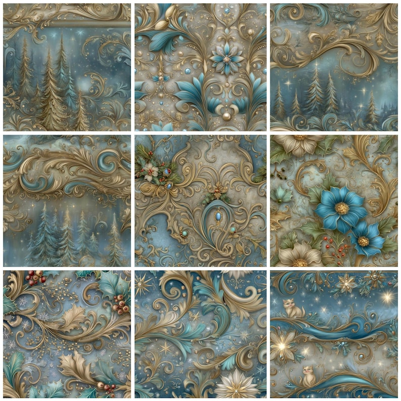 Vintage Blue and Gold Christmas Digital Paper, Junk Journal Scrapbook ...