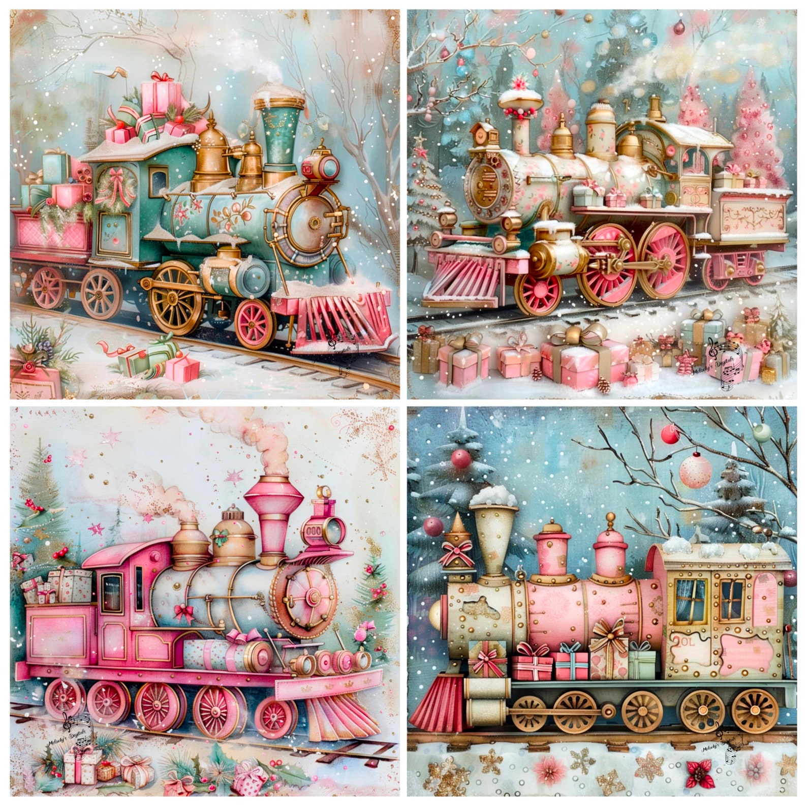 Pink Christmas Trains Digital Paper Vintage Trains, Enchanted Christmas ...