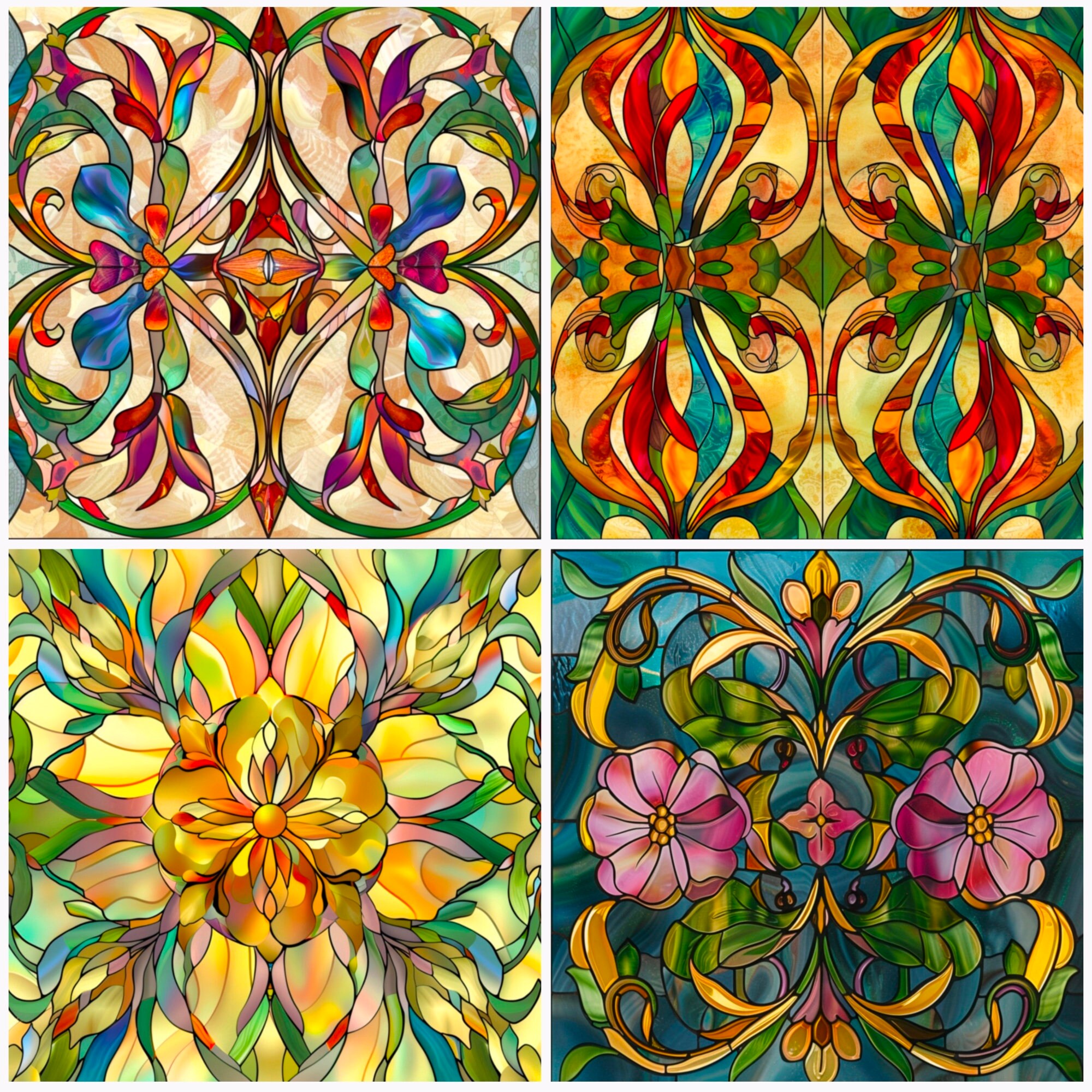 Art Nouveau Stained Glass Digital Paper, Seamless Printable Textures ...