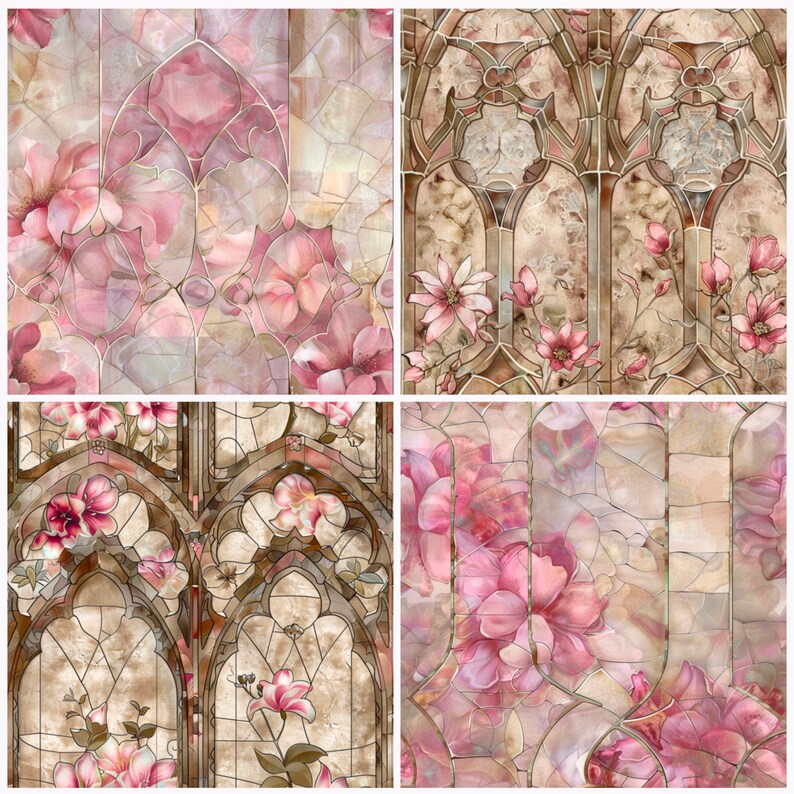 Floral Arched Windows Digital Paper, Stained Glass Scrapbooking Kit ...