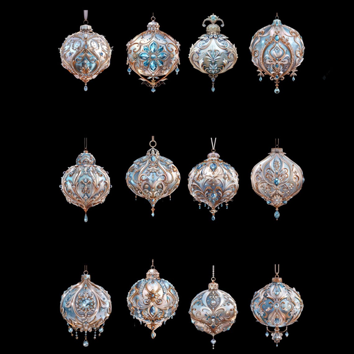Blue Rococo Christmas Ornaments Clipart, Watercolor Style (PNG Digital ...