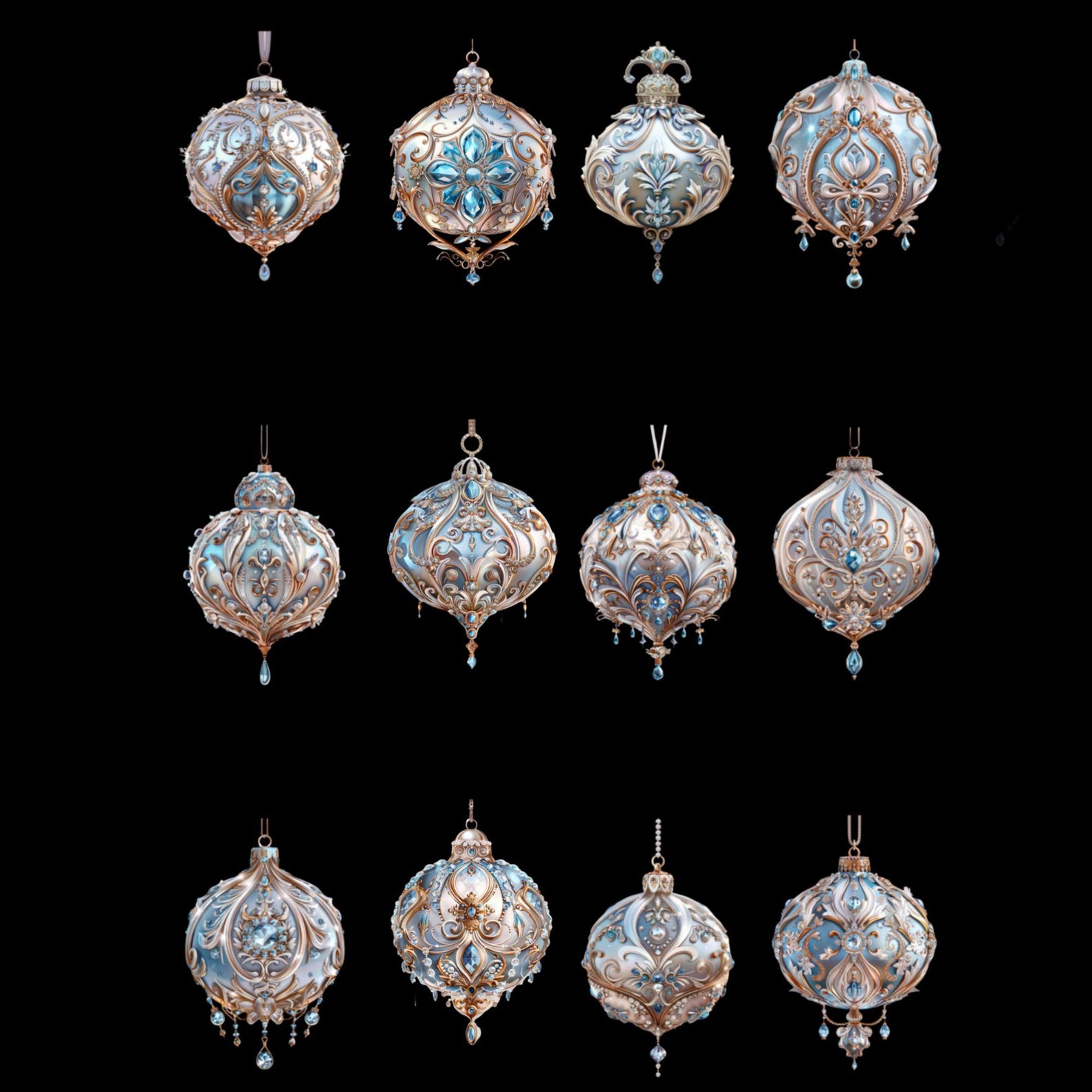 Blue Rococo Christmas Ornaments Clipart, Watercolor Style (PNG Digital ...