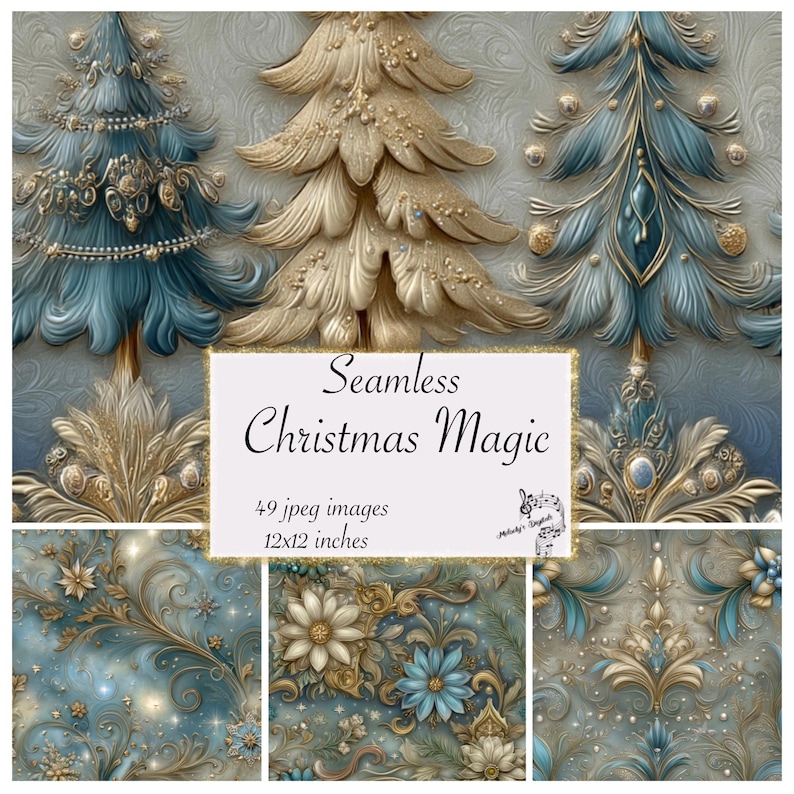 Vintage Blue and Gold Christmas Digital Paper, Junk Journal Scrapbook ...