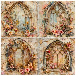 Romantic Black Floral Arched Windows Digital Paper, Cathedral Windows ...