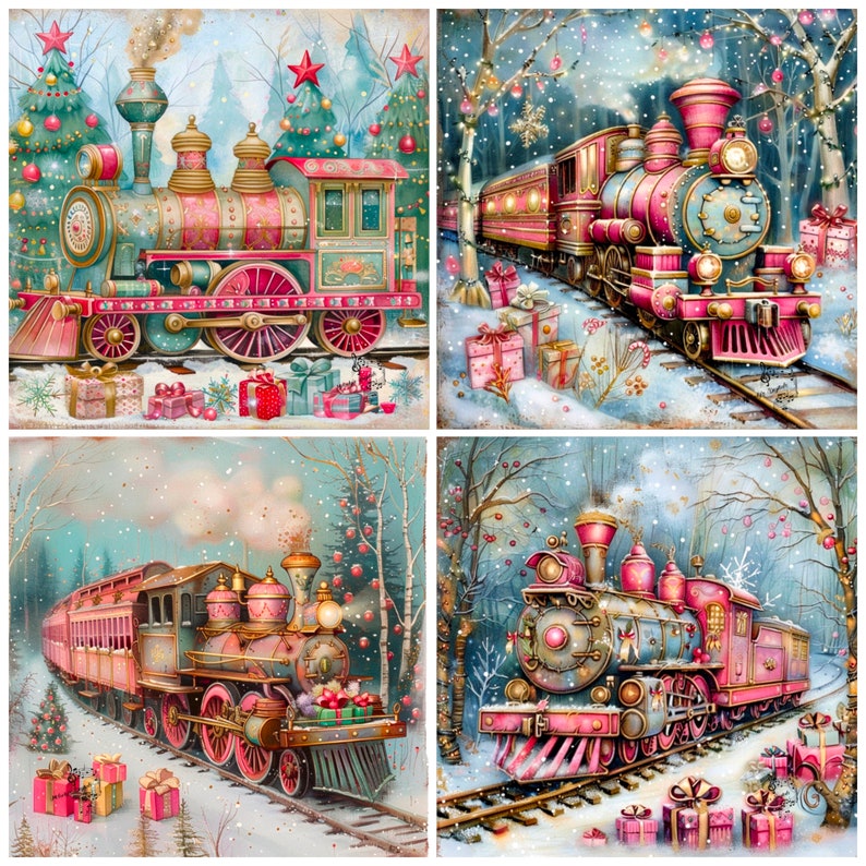 Pink Christmas Trains Digital Paper Vintage Trains, Enchanted Christmas ...