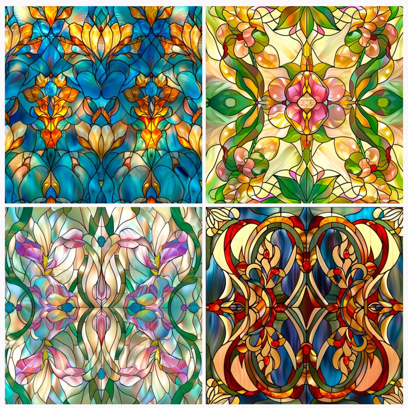 Art Nouveau Stained Glass Digital Paper, Seamless Printable Textures ...