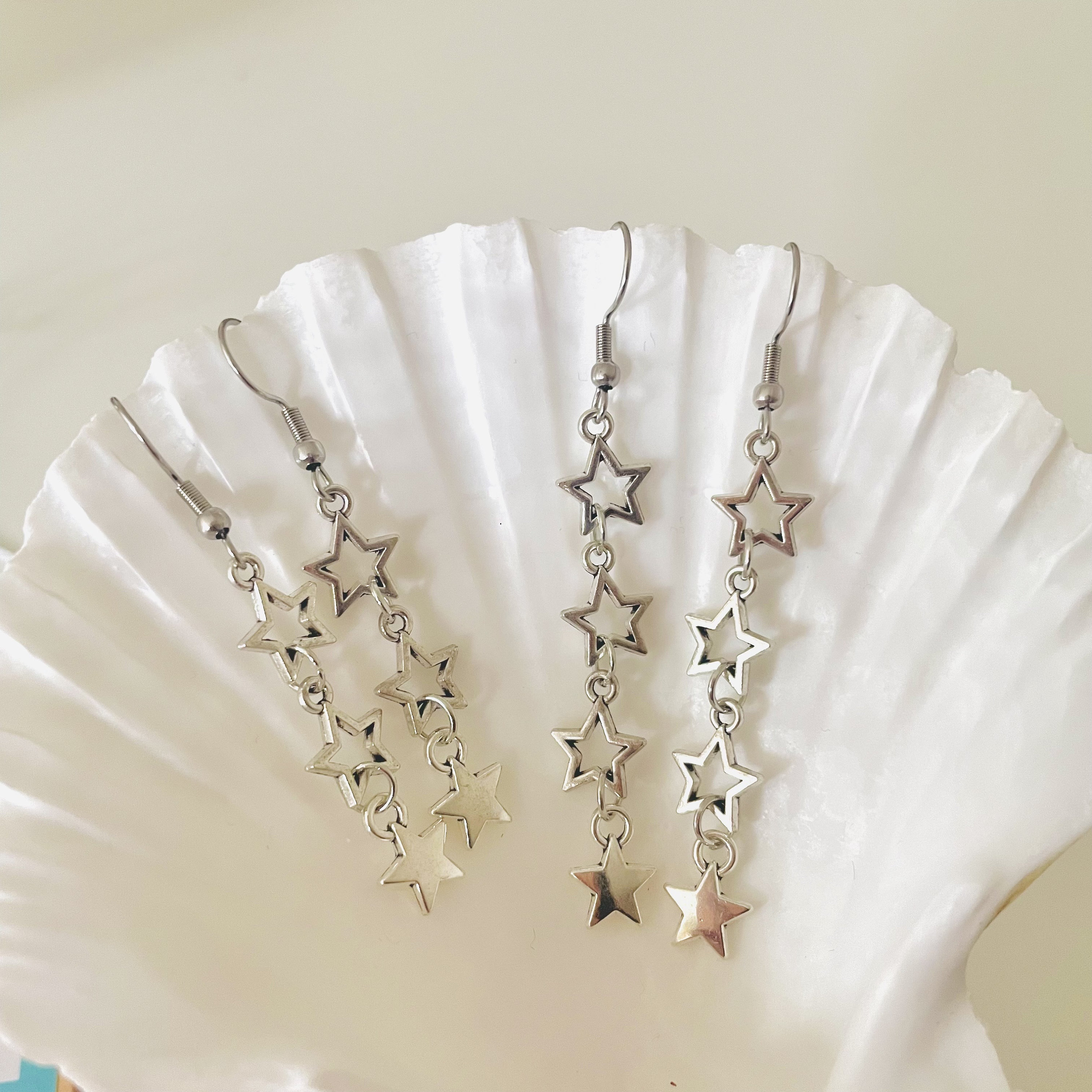 Long Dangle Twinkle Silver Stars Earrings, Boho Drop Statement Jewelry ...