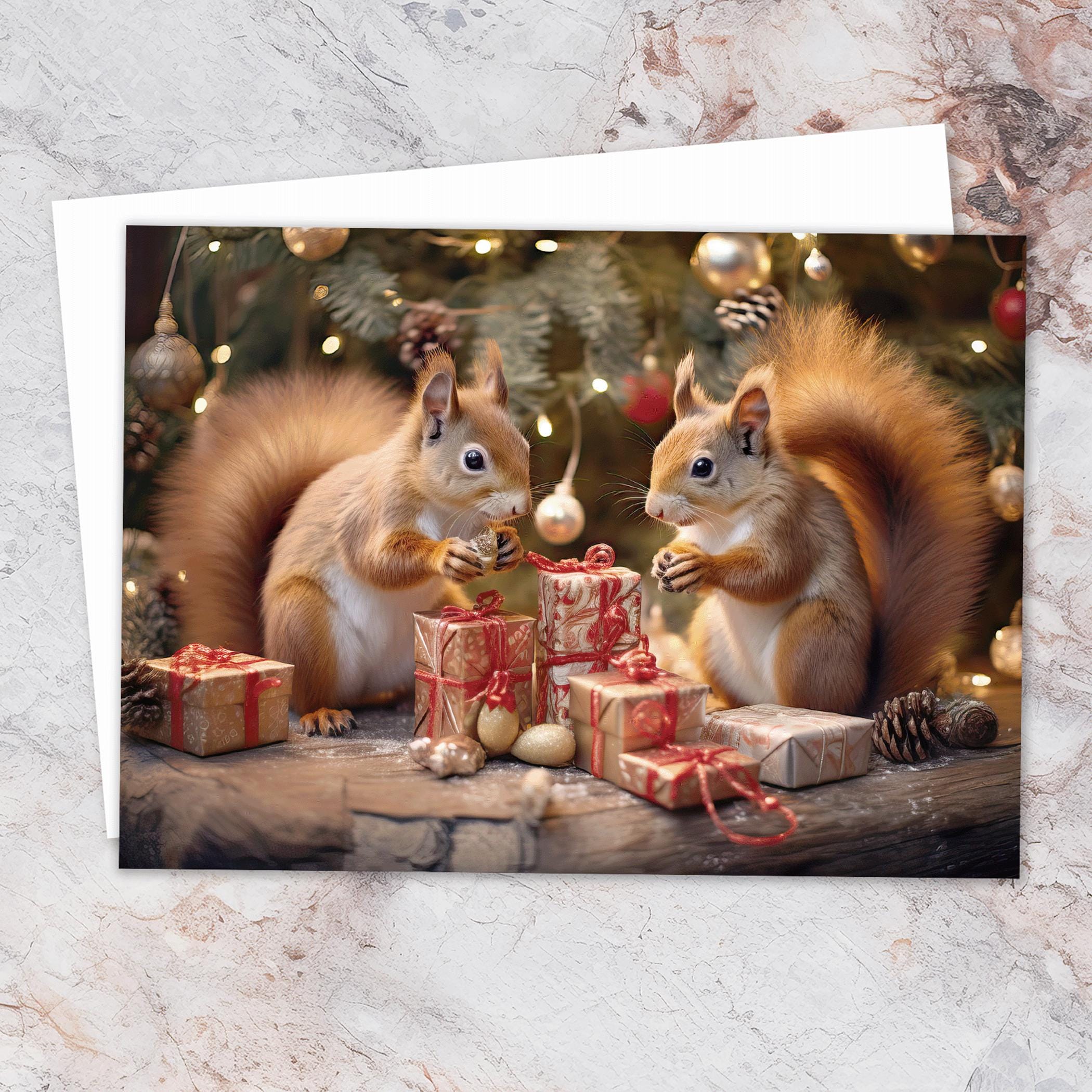 Two Christmas Squirrels Opening Presents 5 X7 Greeting Card ...