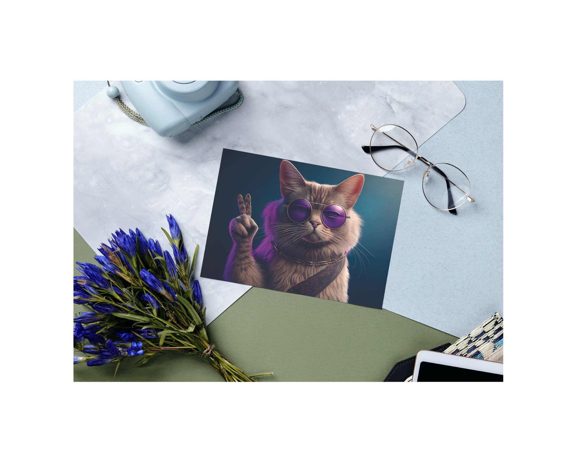 Peace Sign Hippie Cat 5x7 Custom Personalized Greeting Cards With White ...