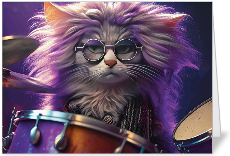 Hippie Cat Drummer, Cat Playing Drums Card Customizable With Drummer ...