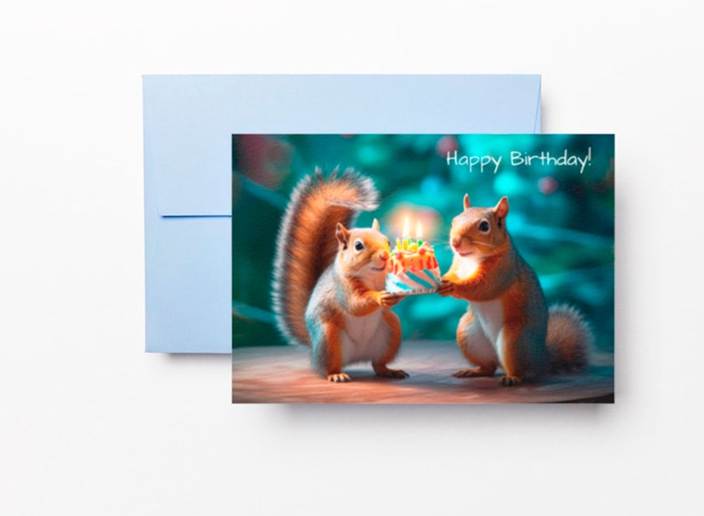 Two Squirrels Holding a Birthday Cake Birthday Card Customizable 5x7 ...