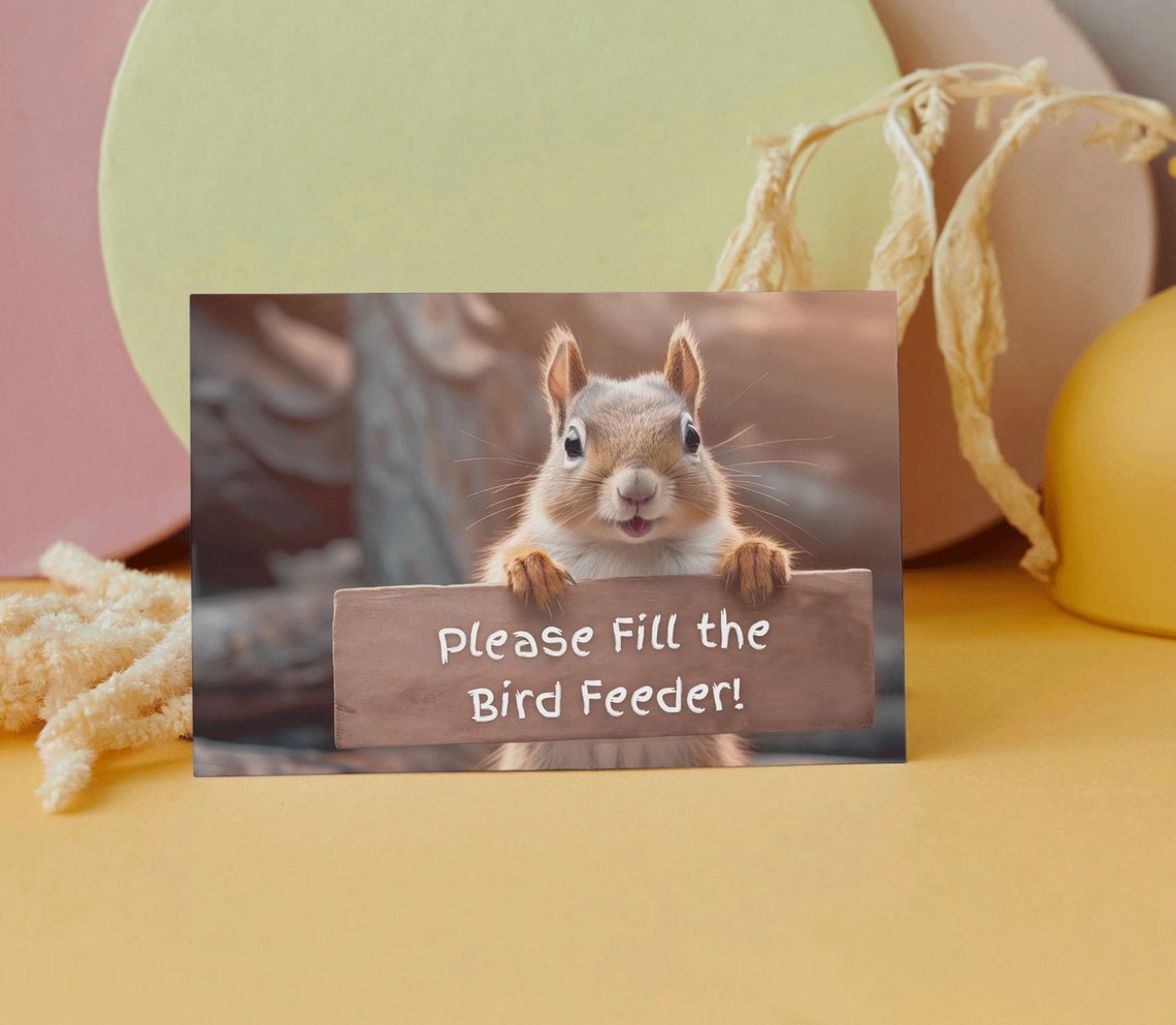 Squirrel Holding Sign Greeting Card Please Fill the Bird Feeder, Funny ...