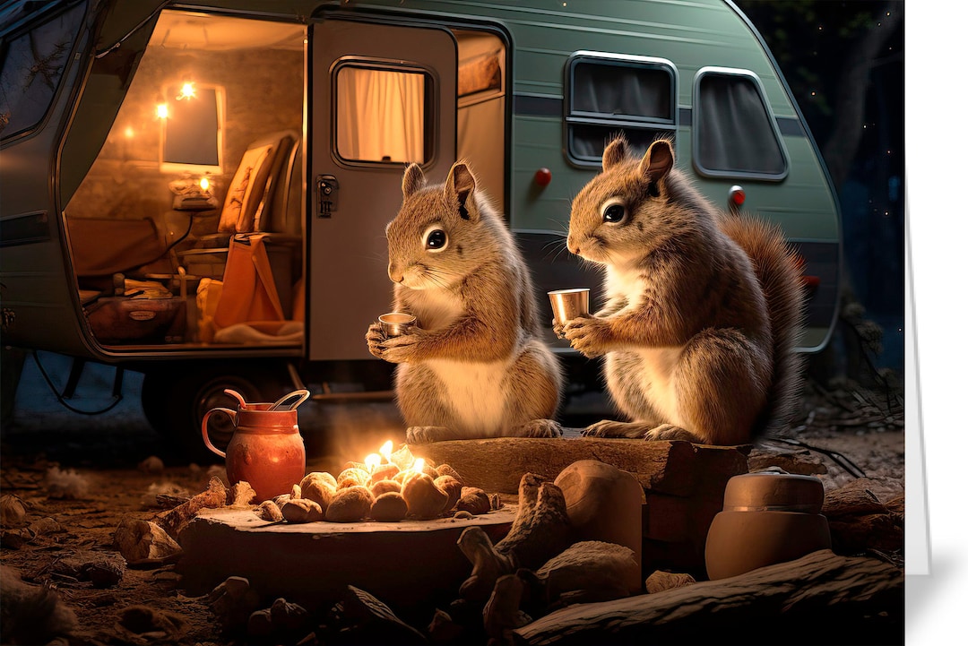 Two Squirrels Camping in Front of Fire With Camper 5x7 Greeting Cards ...