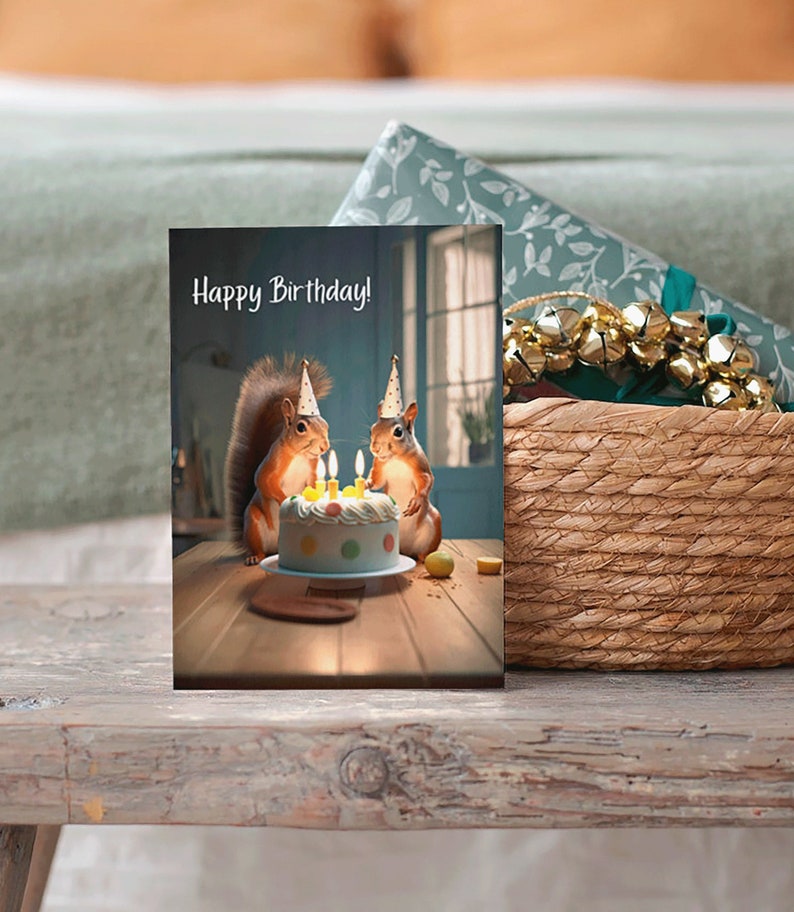 Squirrel Birthday Card With Birthday Cake Birthday Hats Birthday ...