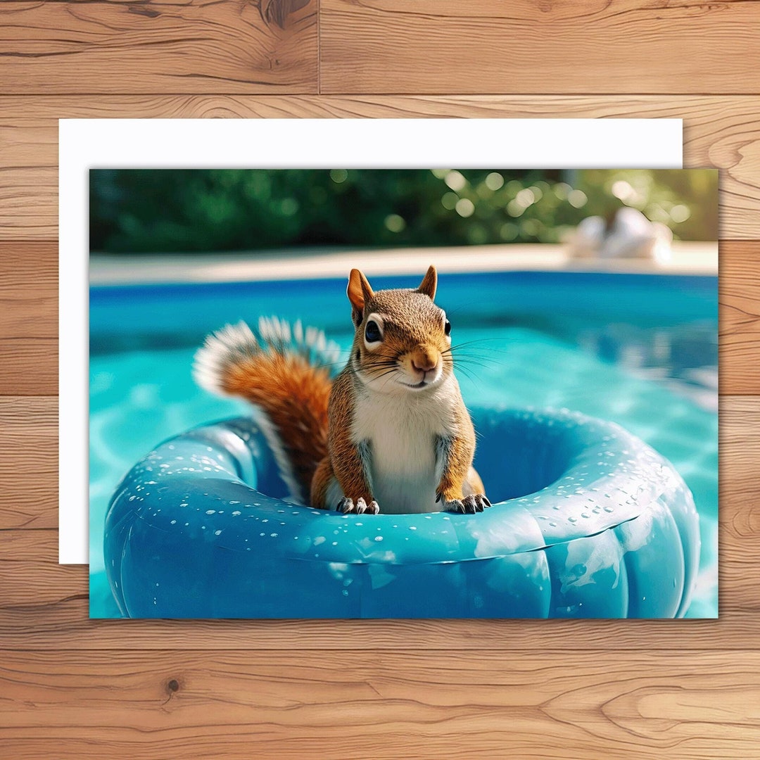 Swimming Pool Squirrel Greeting Card, 5x7, Optional Text Inside - Etsy