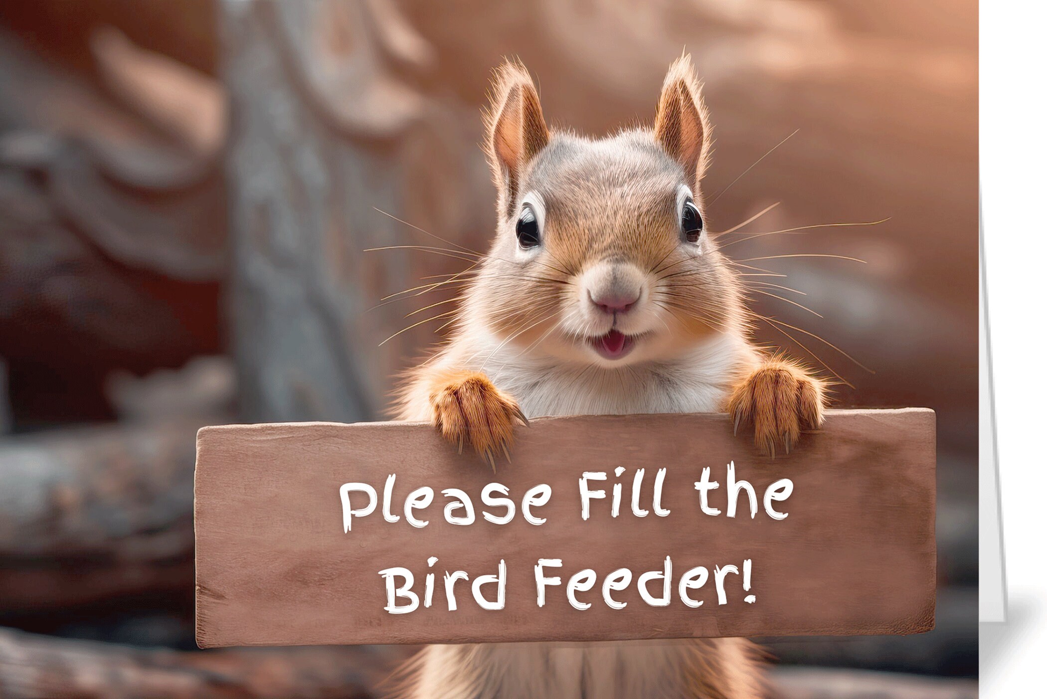 Squirrel Holding Sign Greeting Card Please Fill the Bird Feeder, Funny ...