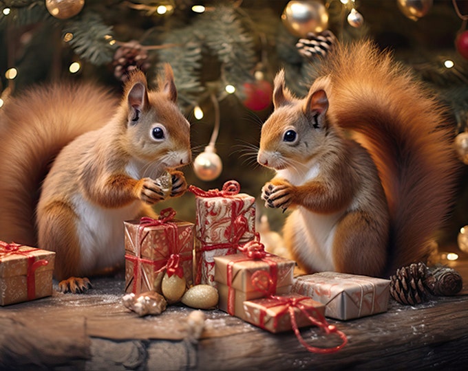 Two Christmas Squirrels Opening Presents 5 X7 Greeting Card Customizable, Squirrel Card ...