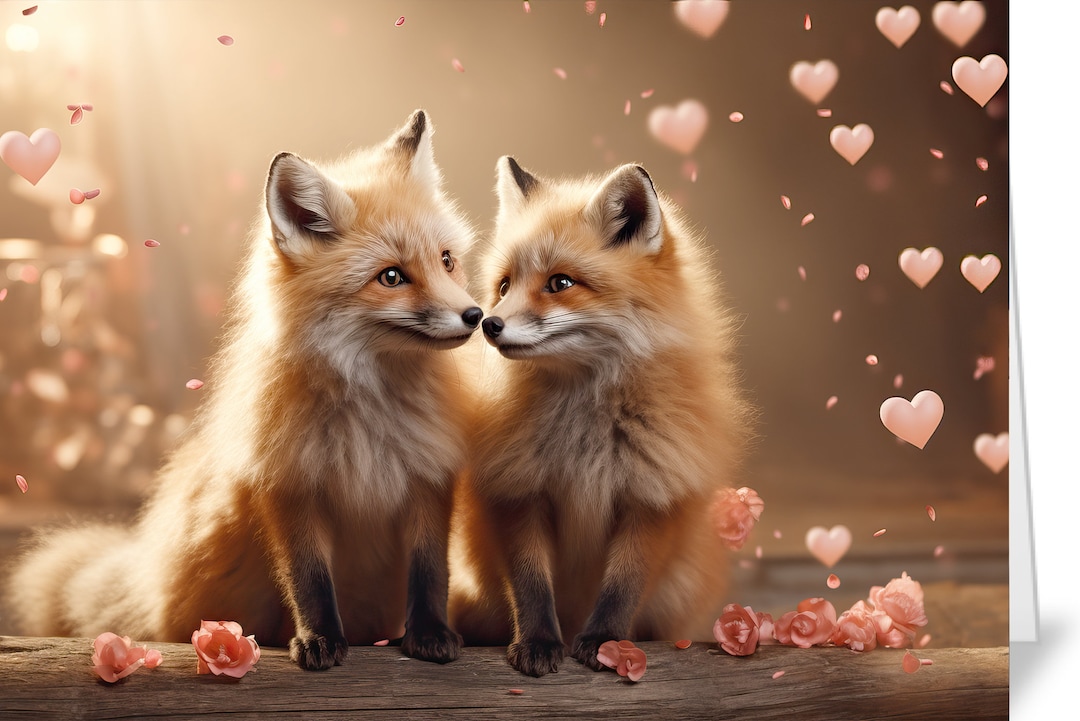 Two Foxes With Hearts for Valentine or Anniverary Customized 5x7 ...
