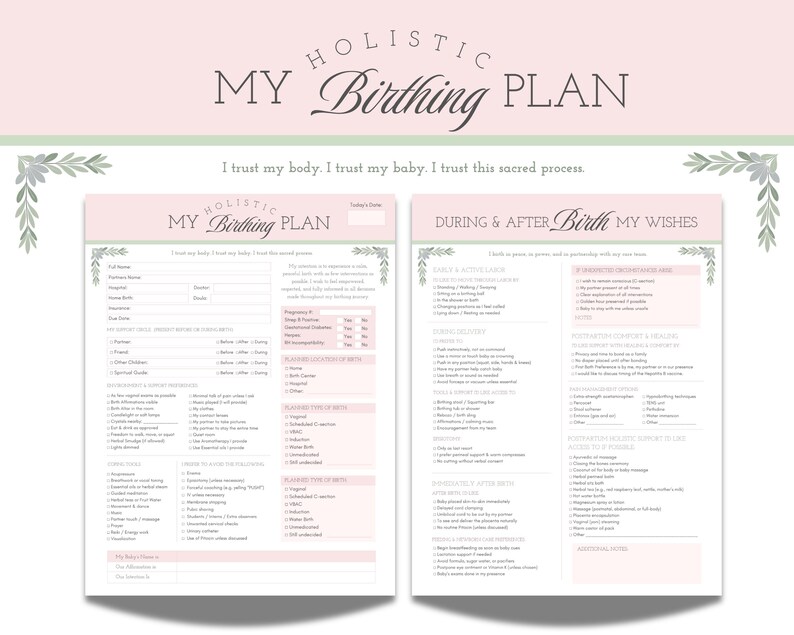 Birth Plan Editable Template, Printable Girl Natural Birthing Planner ...