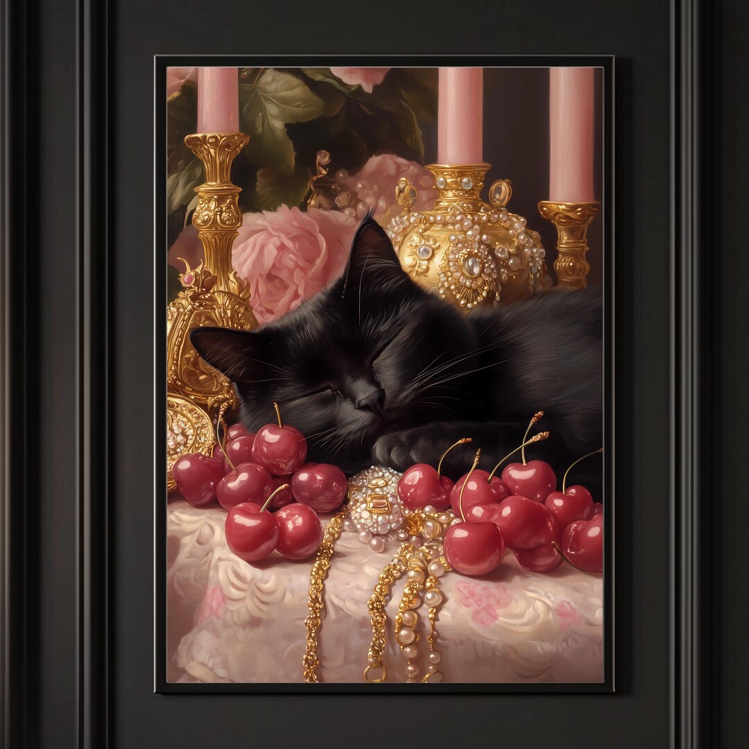 Rococo Cat Painting | Cherry Aesthetic | Feminine Home Decoration ...