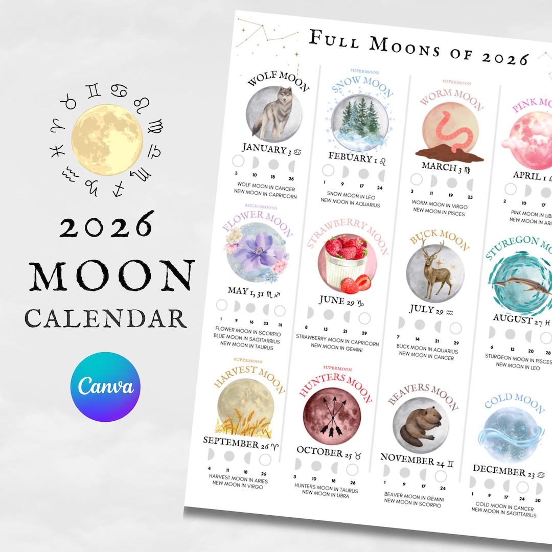 Moon Calendar 2026, Lunar Phase Astrology, Printable Wall Art ...