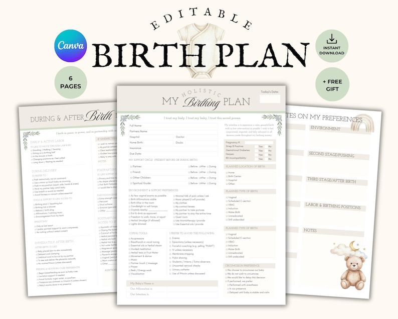 Birth Plan Template Printable PDF, Editable Natural Birth Preferences ...