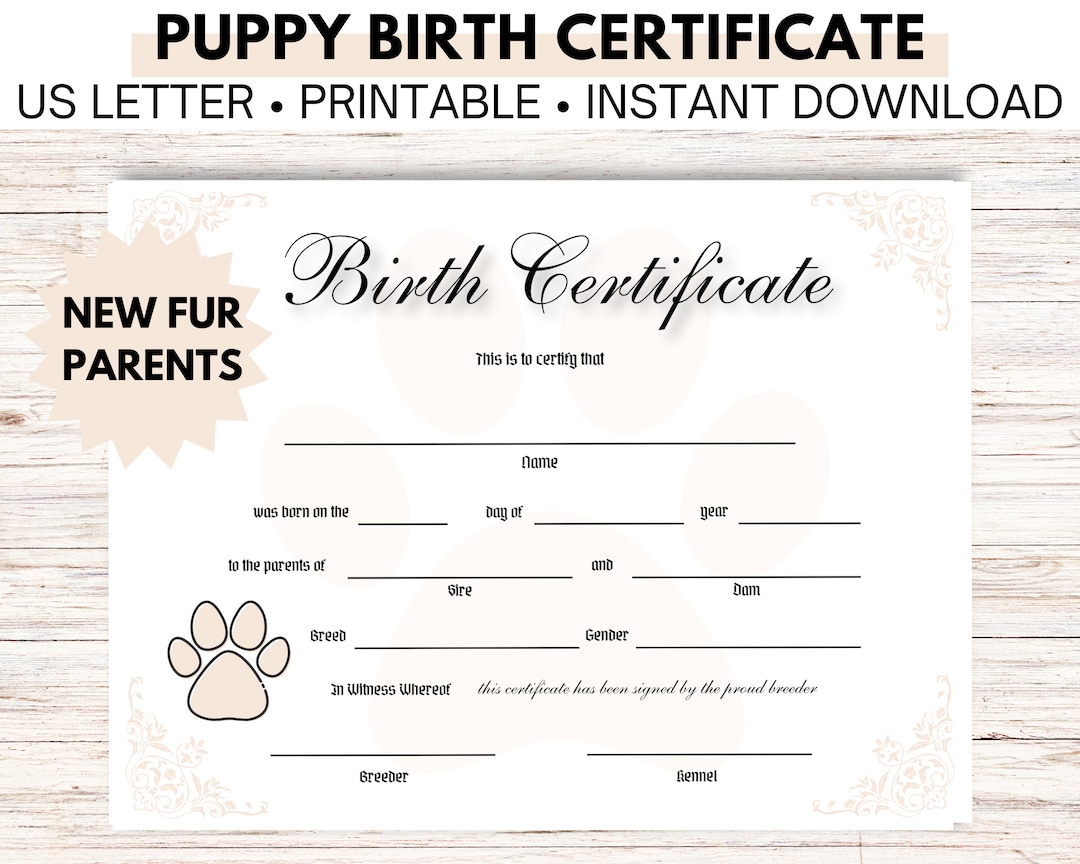 Puppy Birth Certificate Pet Sitting Biz Documents, Dog Breeder Forms ...