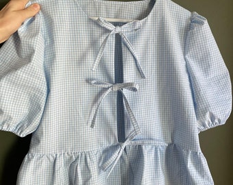 Puff Sleeve Tie Front Blouse - Romantic Cottagecore Shirt ...