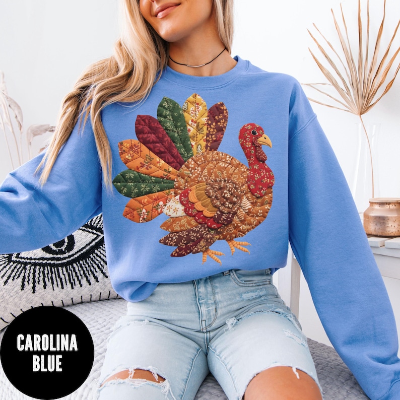Thanksgiving Turkey Sweatshirt, Faux Patchwork Turkey Sweater, Women's ...