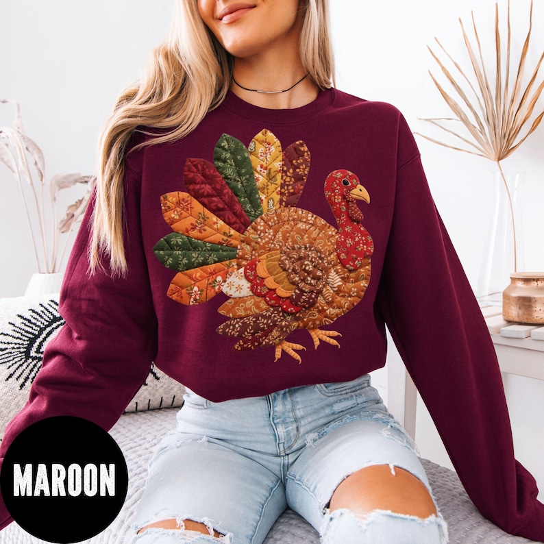 Thanksgiving Turkey Sweatshirt, Faux Patchwork Turkey Sweater, Women's ...