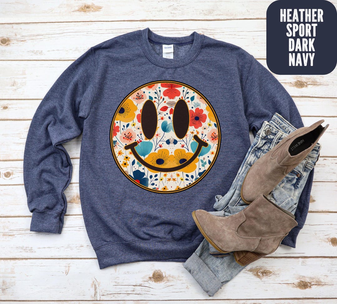 Smiley Face Floral Sweatshirt, Be Happy Sweater, Trendy Smiley Sweater ...