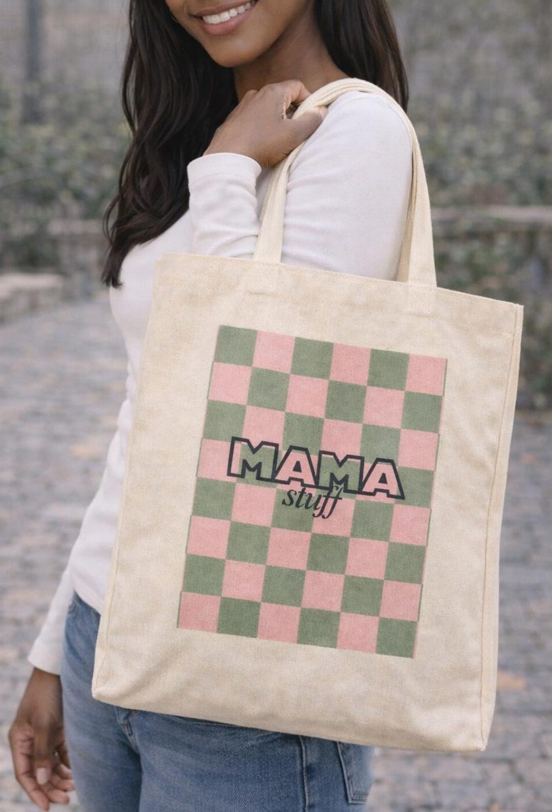 Mama Stuff Pink and Green Checkered- Cotton Canvas Tote Bag - Etsy