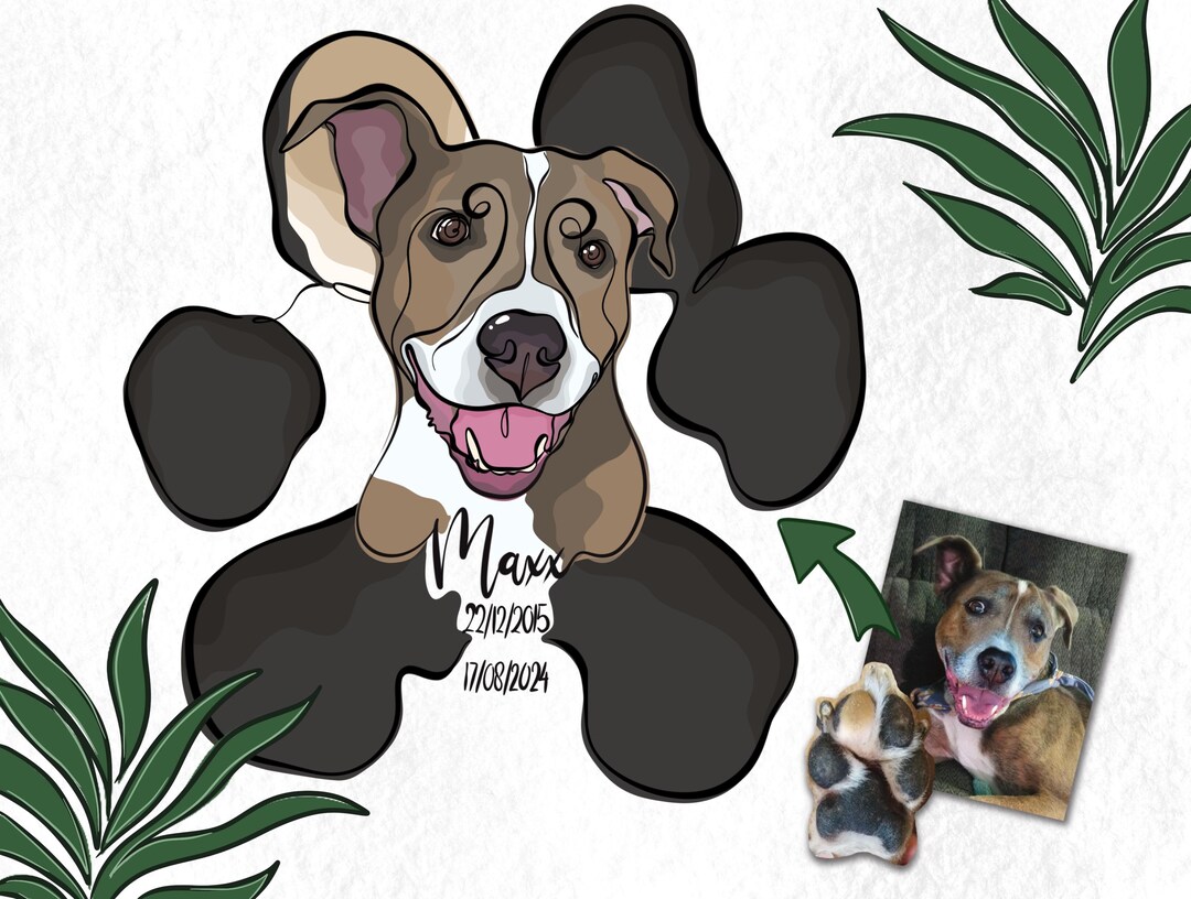 Custom Pet Portrait With Paw Print, Personalized Dog Line Art Drawing ...