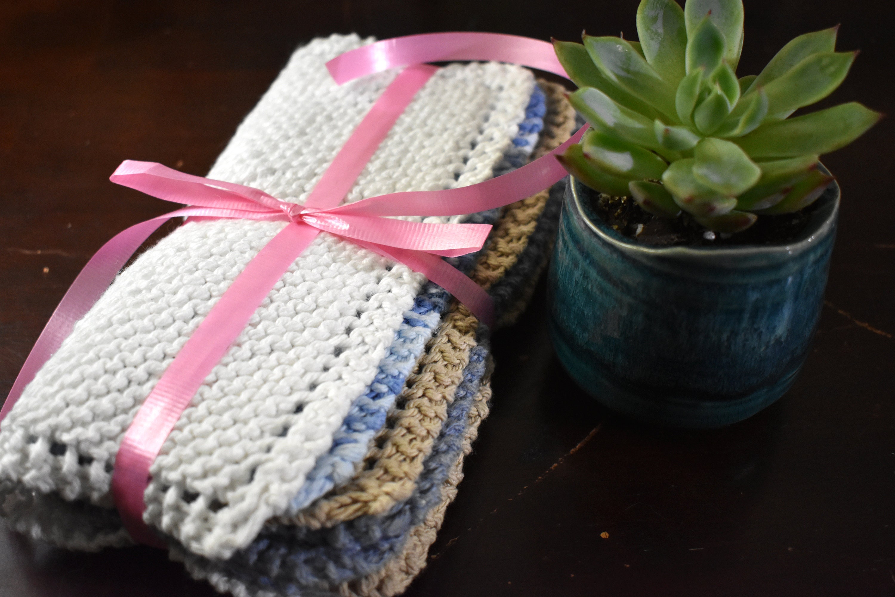 Knit Cotton Multi-use Cloth Set 100% Cotton, Hand Knit Set of 4 Face or ...