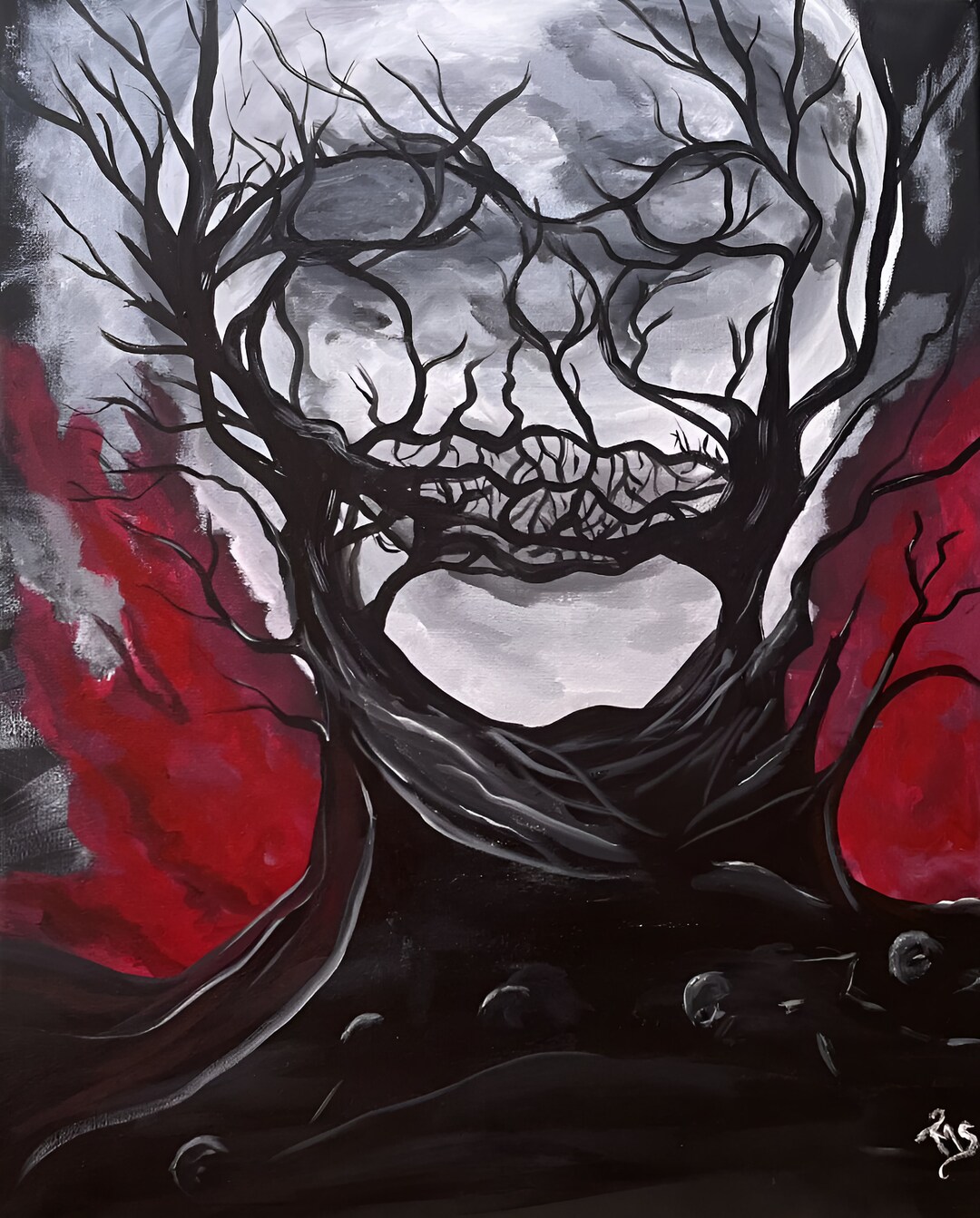 Spooky Moon Skull Tree Digital Download, JPG, PNG, Hand Painted ...