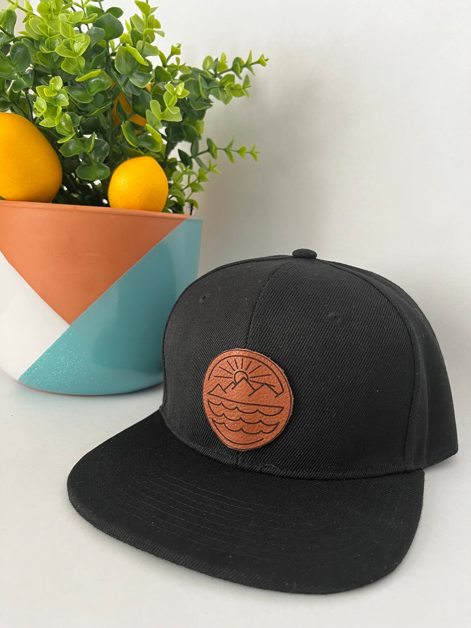 Sunrise Mountain Lake Hat Leather Patch Snapback Toddler Hat Infant Hat ...