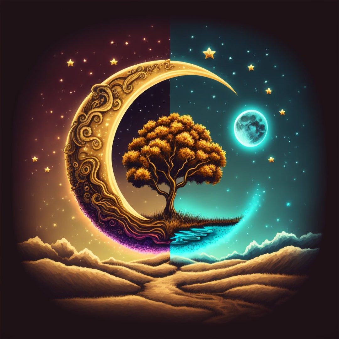 Ethereal Harmony: Original Fantasy Painting of a Crescent Moon With Tree of Life in Golden and ...