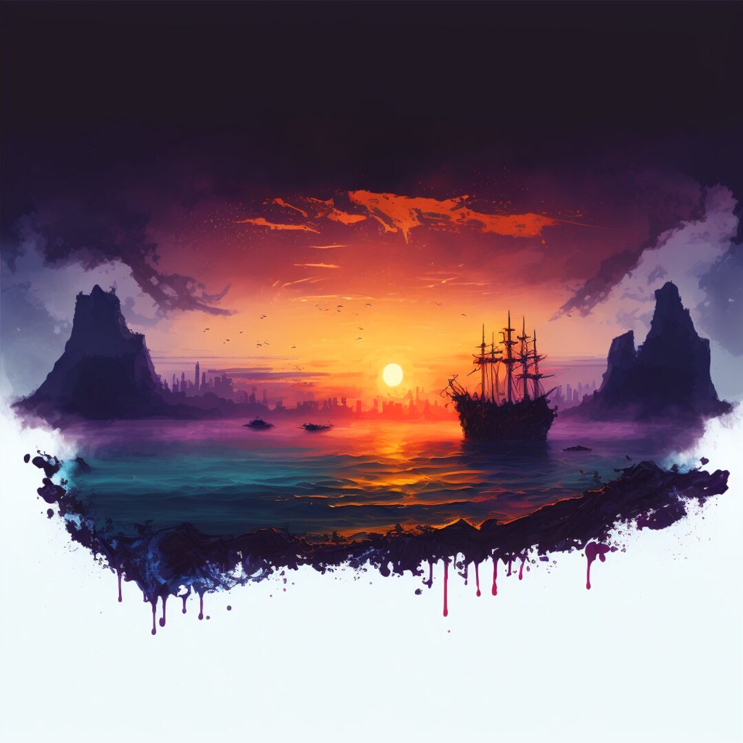 Fantasy Sailing Ship at Sunrise in Watercolor - Etsy
