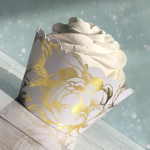 GOLD FLORAL Cupcake Wrappers Foil Accents Scalloped Edge Smooth Finish ...