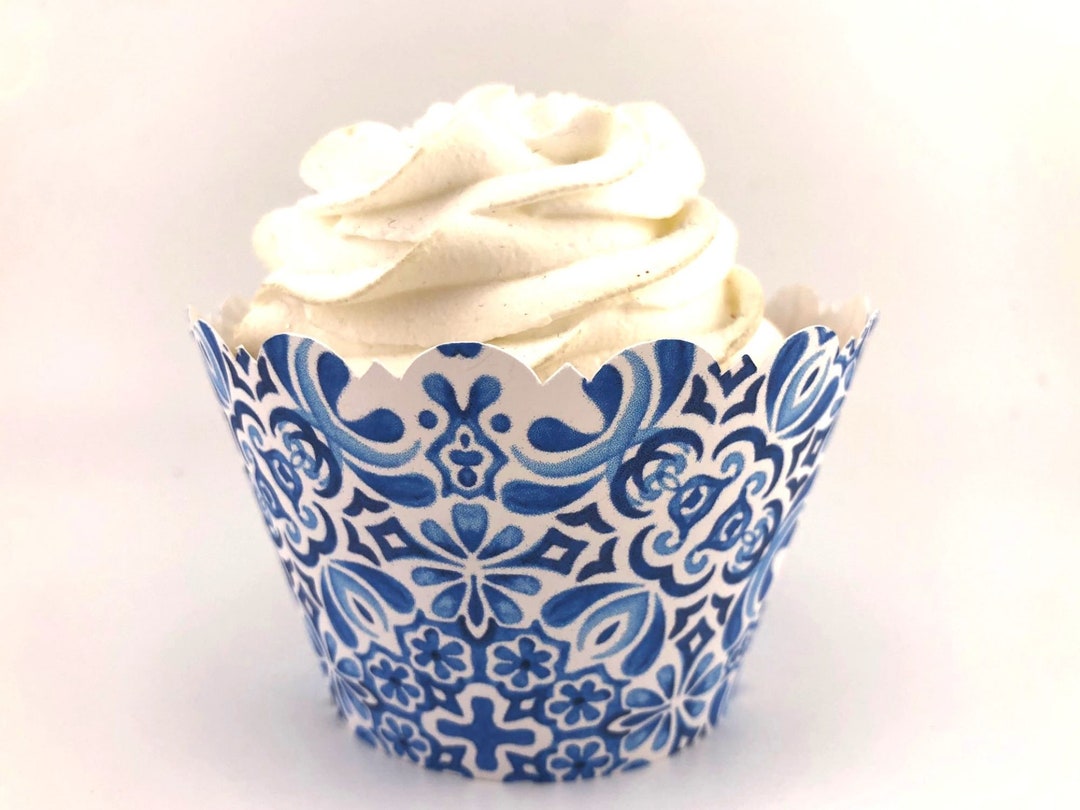 MEDITERRANEAN BLUE Tile Cupcake Wrappers Scalloped Edge Smooth Finish ...