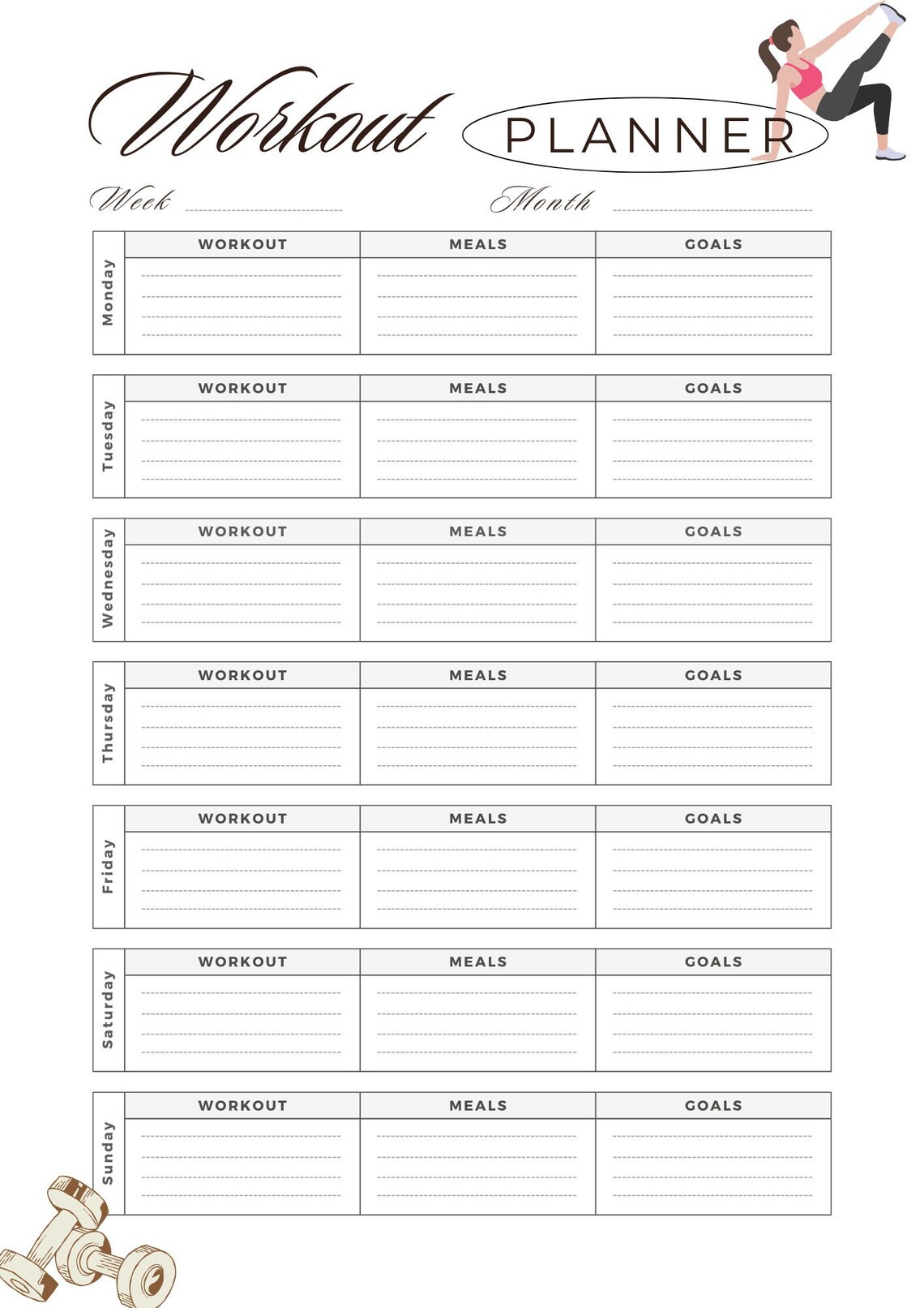 Weekly Fitness Printable Planner, Fitness Journal, Meal Planner, A4, A5 ...