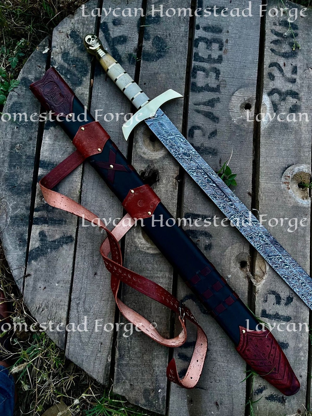 Damascus Handmade Skull Head Pommel Sword With Scabbard , Gift for Him ...